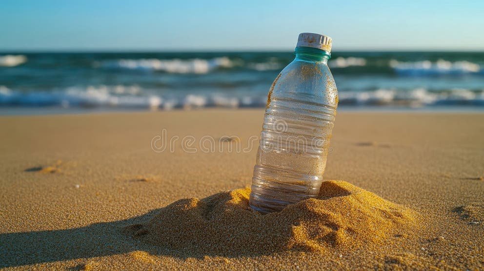 Plastic Bottle Stuck in the Sand at a Beach, Highlighting Environmental ...