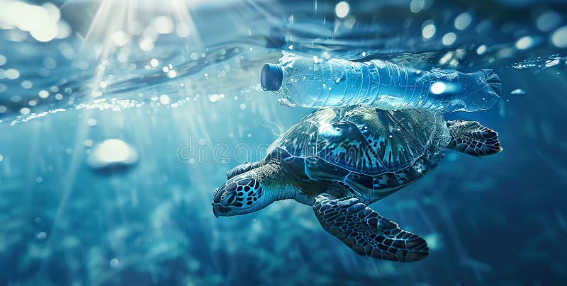A Plastic Bottle Thrown into the Ocean Stuck To the Turtle. Stock ...