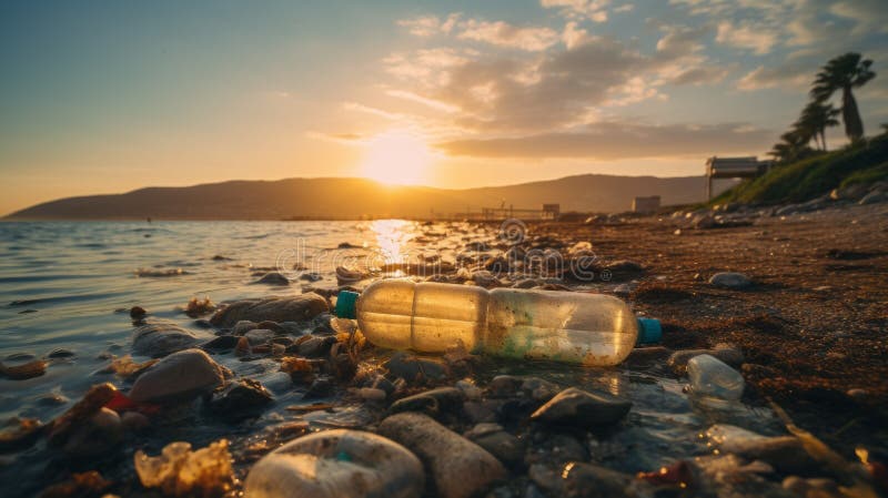 Plastic Bottles on the Beach at Sunset. Pollution Concept. Water ...