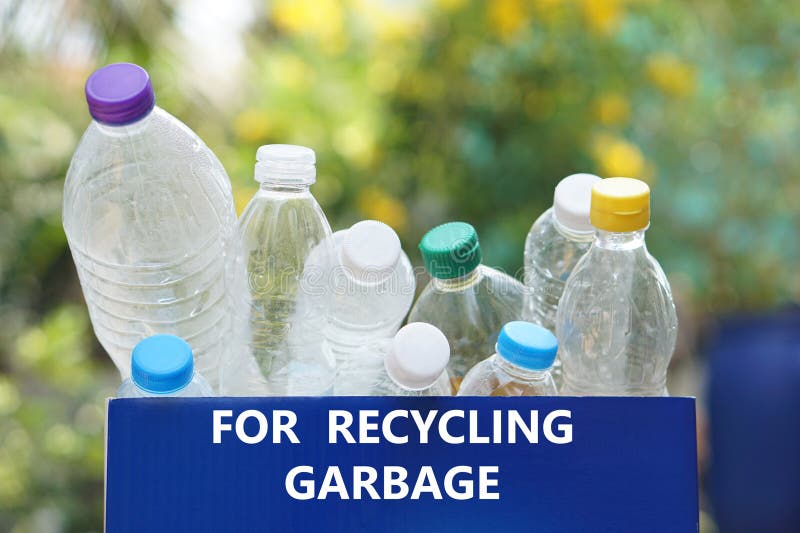 Plastic Bottles in Blue Box with Text for Recycling Garbage. Concept ...
