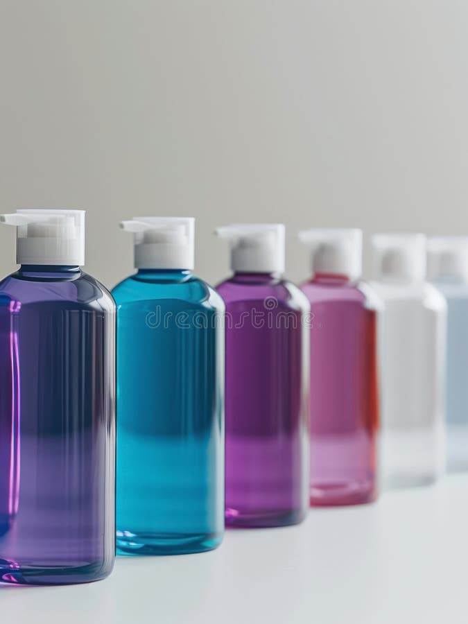 Plastic Bottles with Colored Liquid As Shampoo or Shower Gel. Stock ...