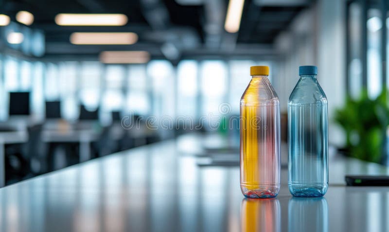 Plastic Bottles with Colored Liquid on Office Desk in Modern Workspace ...