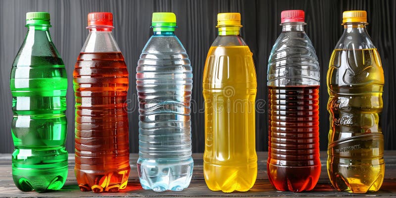 Plastic Bottles Containing Colorful Liquid Standing on Wooden Surface ...