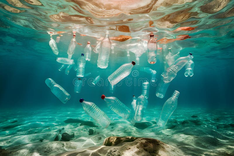Plastic Bottles Float Underwater, Illuminated by Sunlight, Highlighting ...