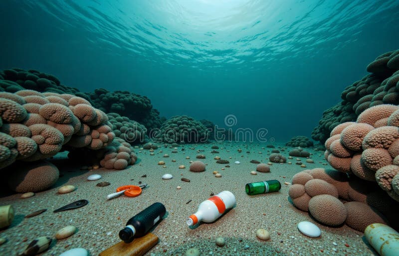Plastic Waste Polluting the Ocean Floor Near Coral Reefs Stock Image ...