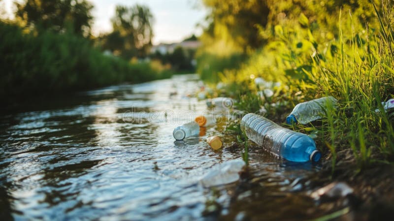 Plastic Bottles Littering a Stream in a Lush Green Forest Stock Image ...