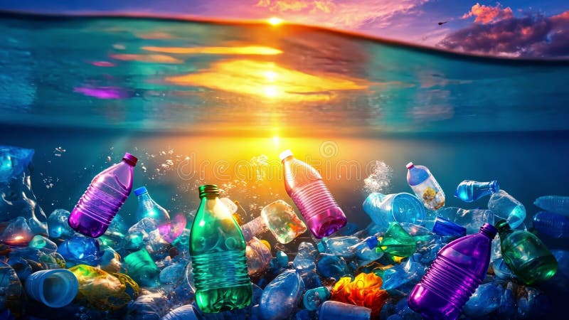 Plastic Bottles in Ocean at Sunset Highlighting Environmental Pollution ...