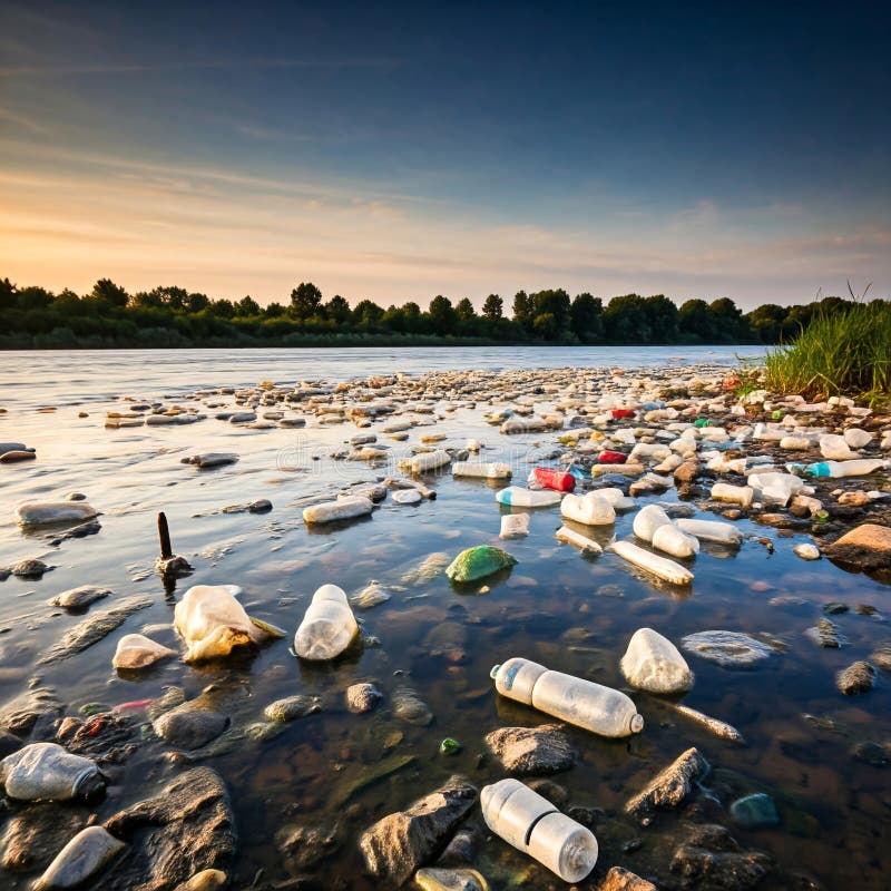 Plastic Bottles and Other Debris Litter the Surface of a River at ...