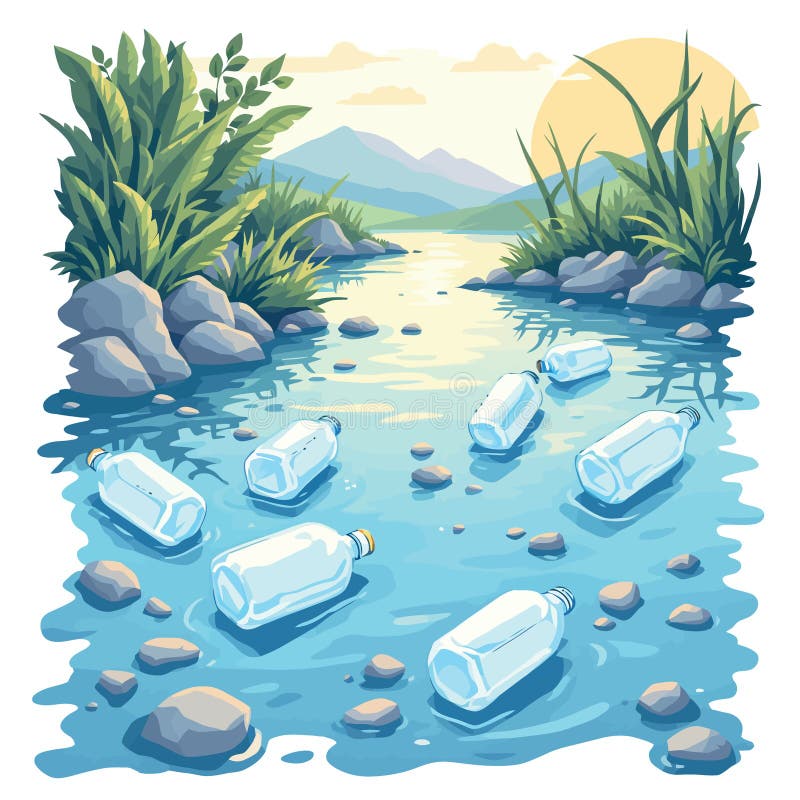 Plastic Bottles Polluting a Clean River in Nature Stock Illustration ...