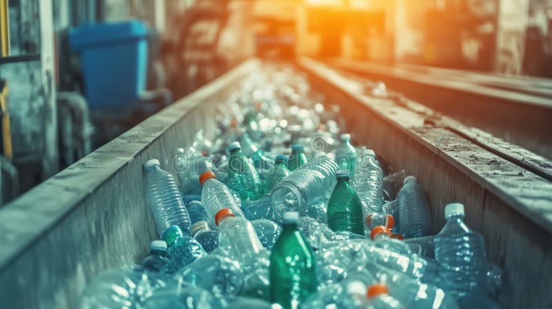 Plastic Bottles Recycling Process, Conveyor Belt Filled with Bottles, Industrial Setting Stock ...