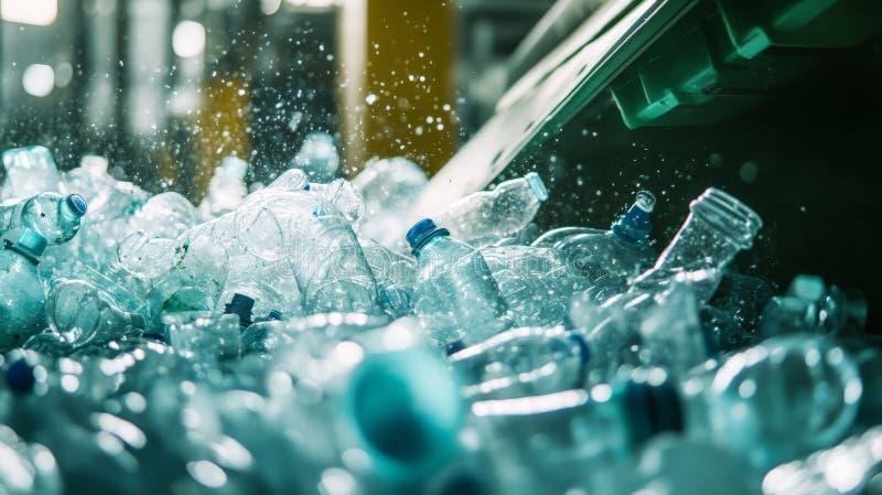 Plastic Bottles in Recycling Process with Water Splash in Industrial ...