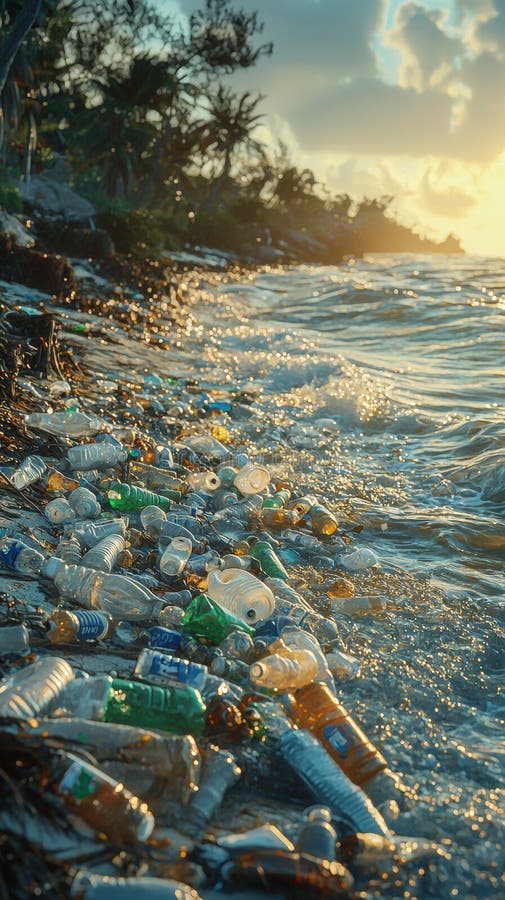 Plastic Bottles and Trash Litter Polluted Shoreline at Sunset ...