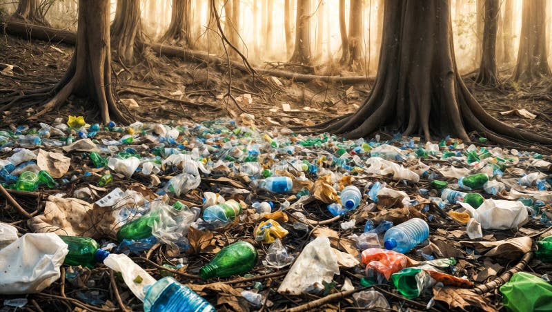 Plastic Bottles and Trash Polluting Forest Floor at Sunset Stock ...