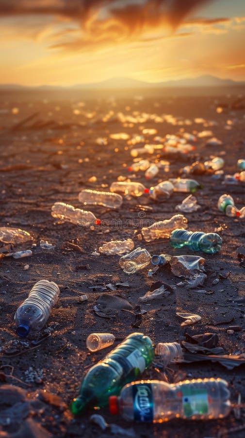 Plastic Bottles and Trash Scattered on a Beach during Sunset ...
