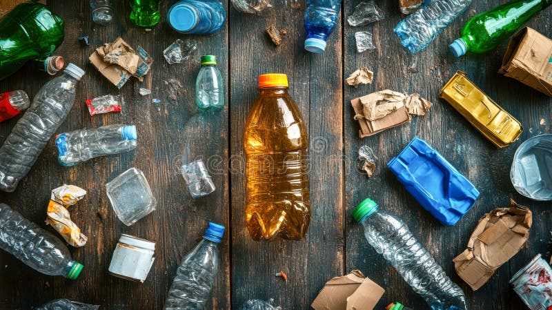 Plastic Bottles and Waste Scattered on Wooden Surface Representing ...