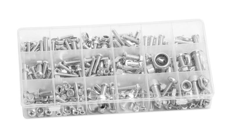 Plastic Box with Different Bolts and Nuts Isolated on White Stock Photo ...