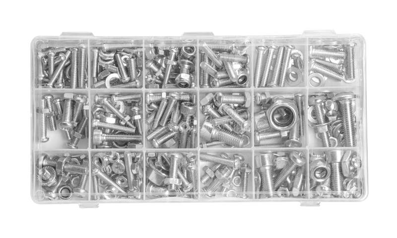 Plastic Box with Different Bolts and Nuts Isolated on White, Top View ...