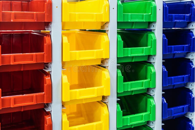Plastic Boxes of Different Colors Used in Warehouses Stock Image ...