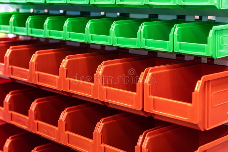 Plastic Boxes of Different Colors Used in Warehouses Stock Photo ...