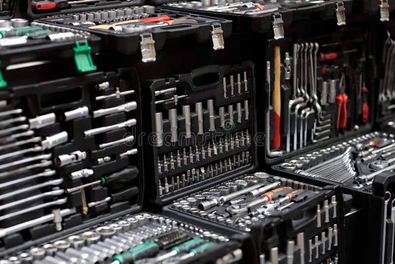 Plastic Boxes with Mechanic Tool Sets on Showcase Stock Image - Image ...