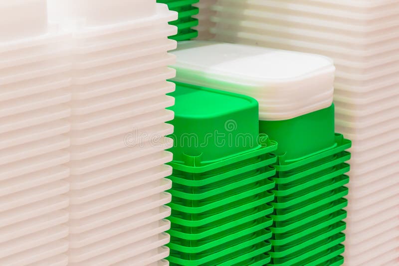 Plastic Boxes White and Green are Stacked Stock Photo - Image of empty ...