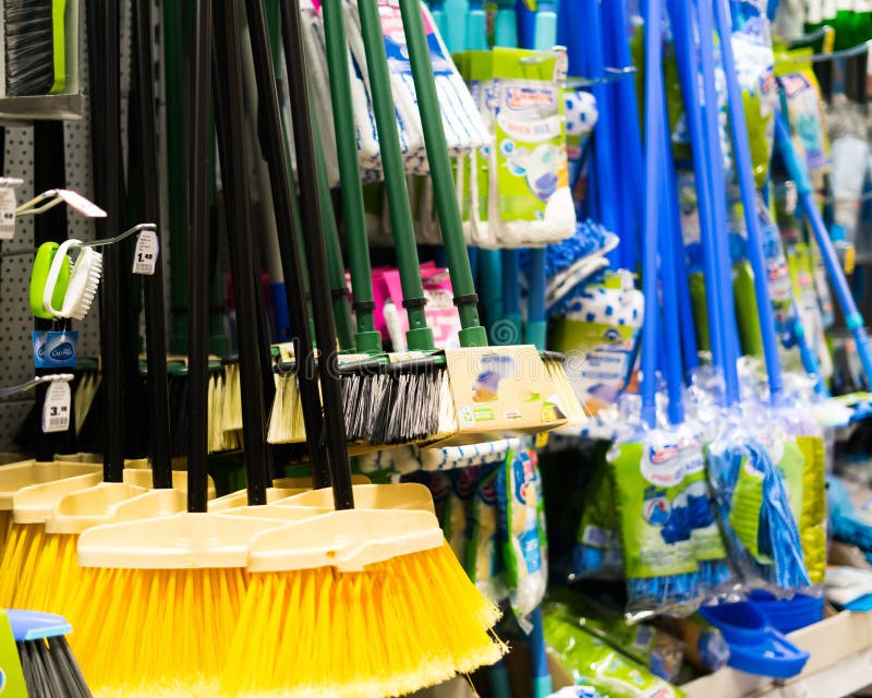 Plastic Brushes for Cleaning Premises. Assortment of Multi-colored ...