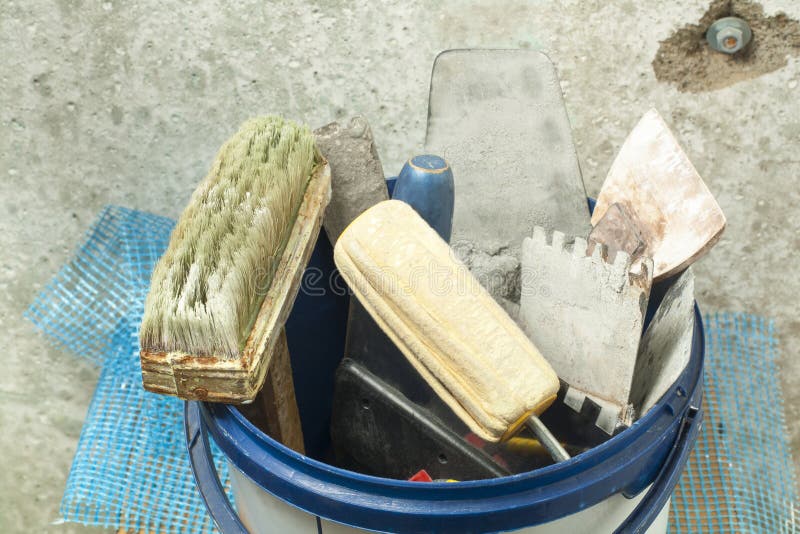 Plastic Bucket with Construction Tools. Renovation Concept. Stock Image ...