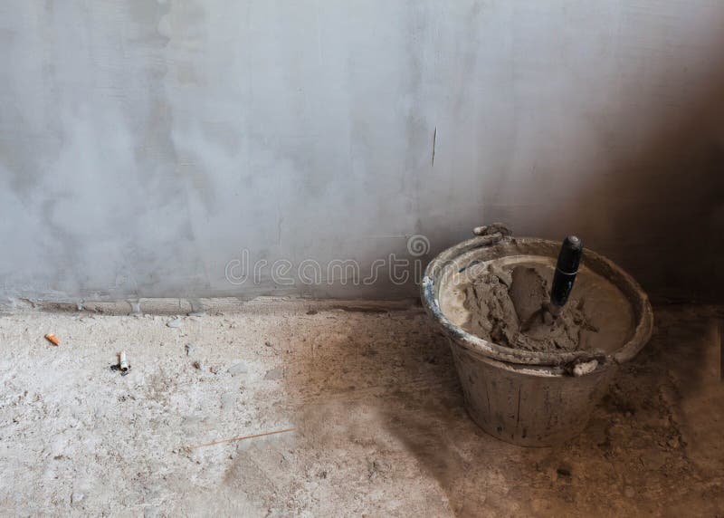 Plastic Bucket Put Cement Concrete Wall Stock Image - Image of ...