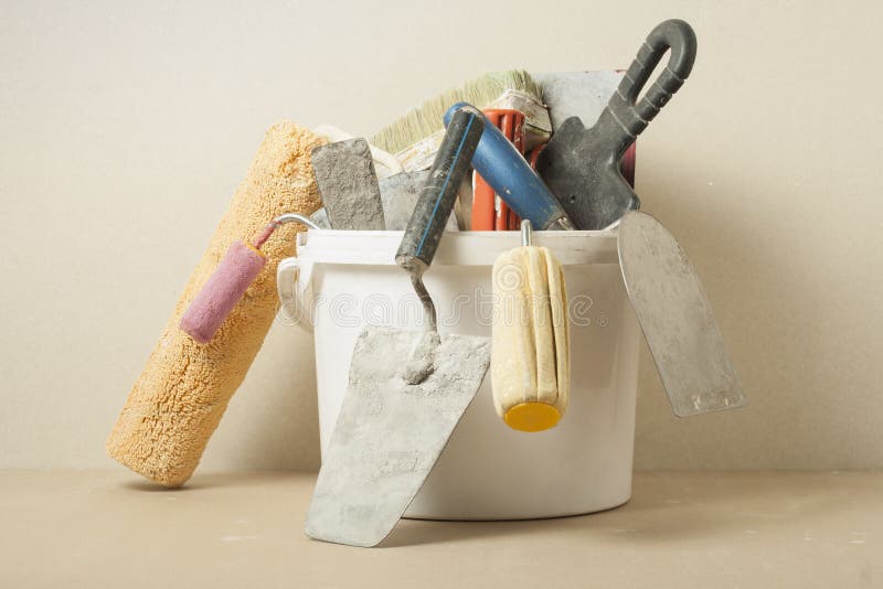 Plastic Bucket with Construction Tools. Building and Renovation Concept ...