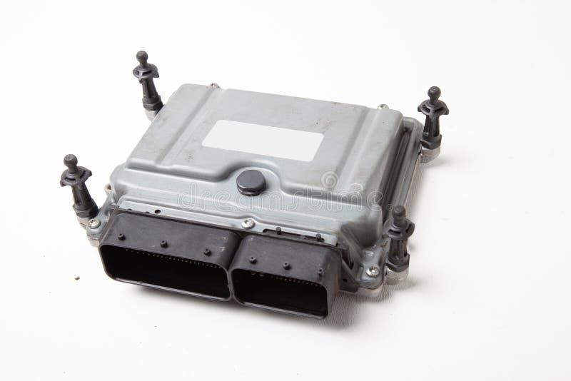 A Plastic Car Engine Control Unit with Metal Elements on a White ...