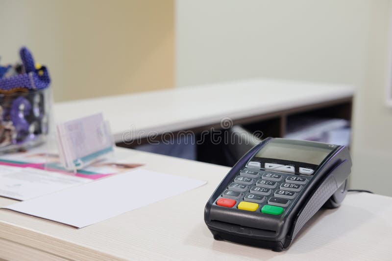 Plastic Card Reader on a Reception Table Stock Photo - Image of device ...