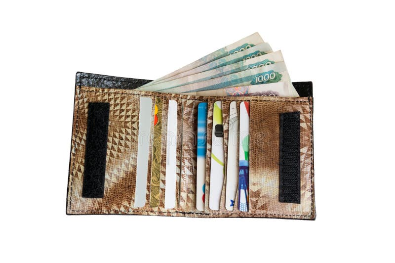Plastic Cards and Money in Leather Wallet Stock Image - Image of ...