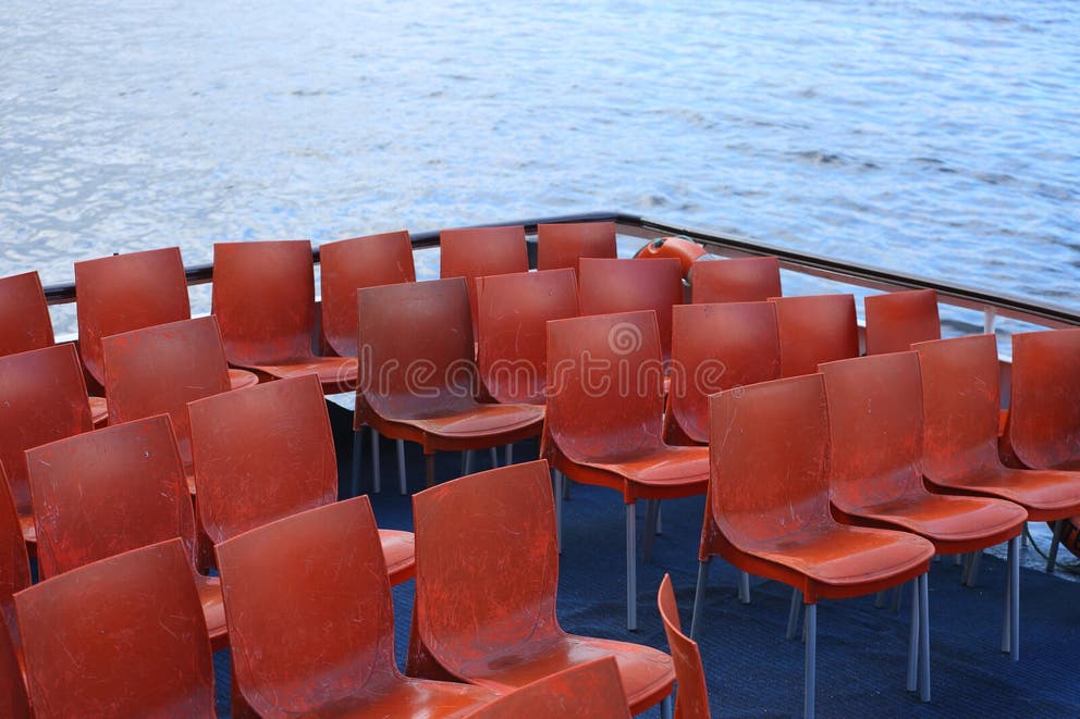 Plastic Chairs for Passengers at the Stern of a Pleasure Boat Stock ...