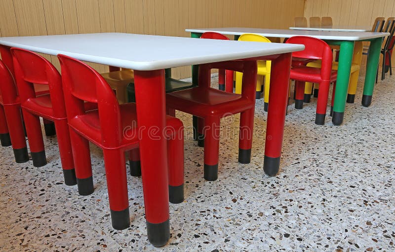 Plastic Chairs and Small Tables in the Nursery Class Stock Photo ...