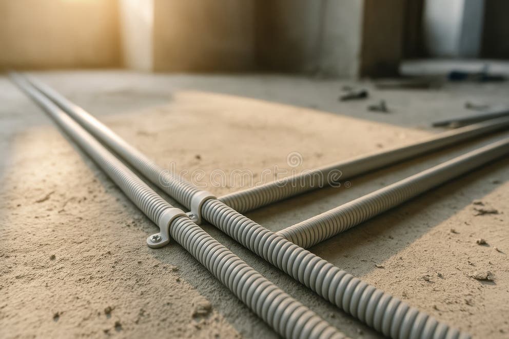 Plastic Conduits on Concrete Floor. Electrical Installation in Progress Stock Illustration ...