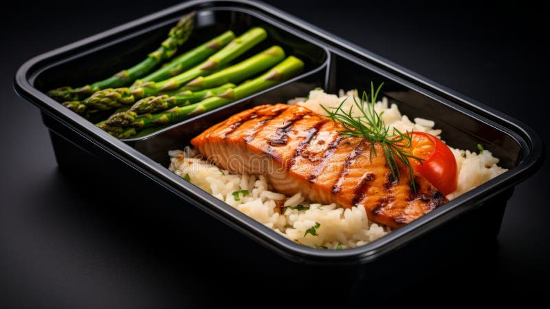 A Plastic Container Filled with Rice, Salmon and Vegetables Stock Image ...