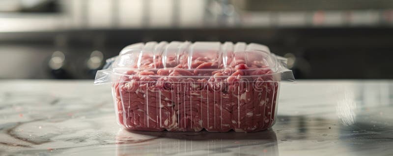 Plastic Container of Fresh Ground Meat on Marble Countertop Stock Photo ...