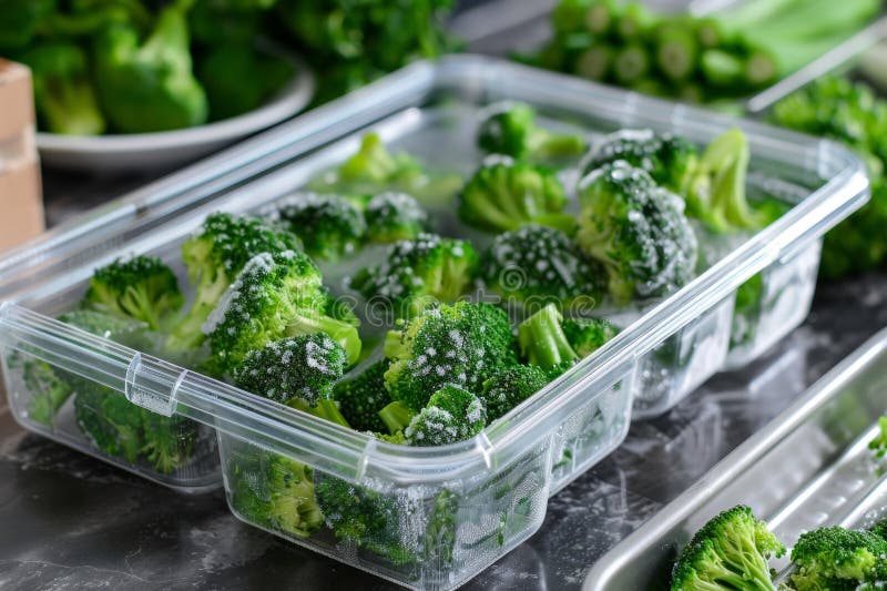 Plastic Container with Frozen Broccoli. Vegetable Preservation Stock ...
