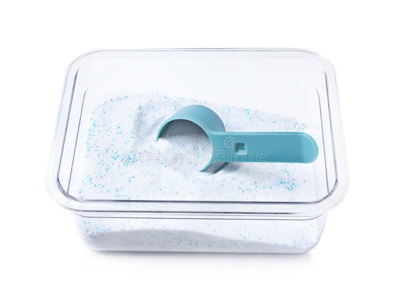 Plastic Container with Laundry Powder and Measuring Spoon Isolated ...