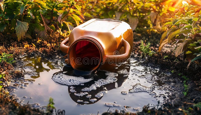 A Discarded Container Spills Liquid into a Muddy Puddle among Plants ...