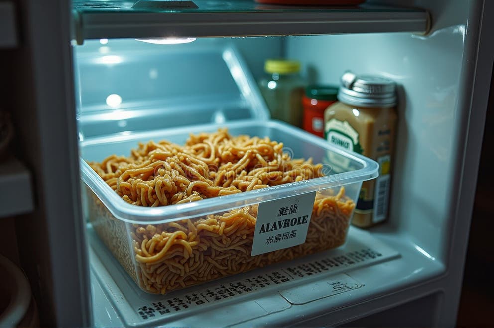 Plastic Container of Noodles in Refrigerator with Condiments on Shelves ...