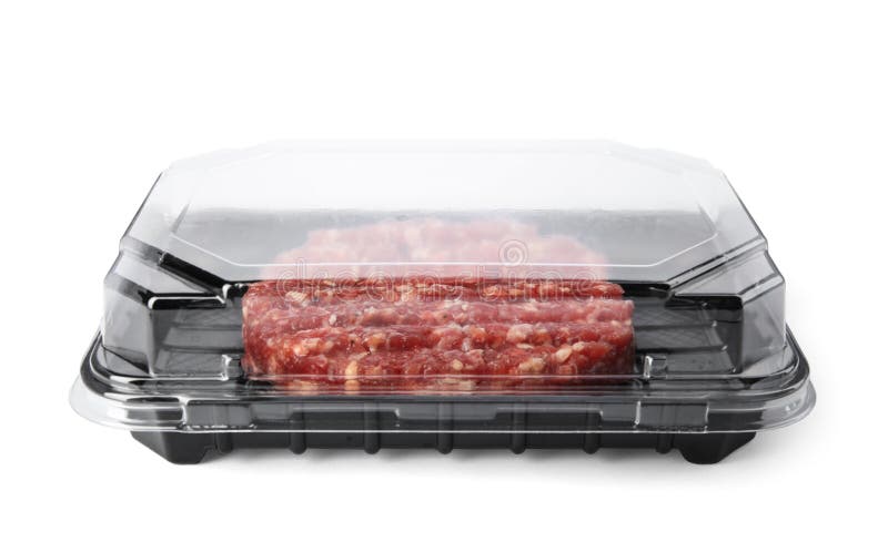 Plastic Container with Raw Meat Cutlet for Burger Isolated Stock Photo ...