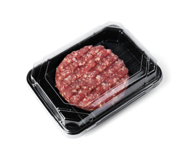 Plastic Container with Raw Meat Cutlet for Burger Isolated Stock Photo ...