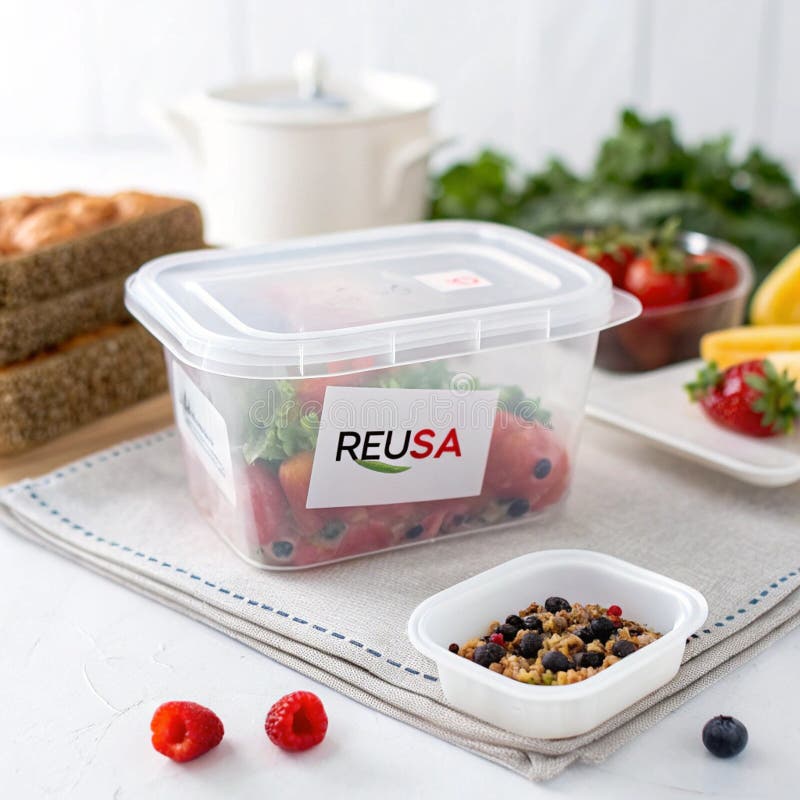 Plastic Container with Reusa Label Isolated on White Background Stock ...