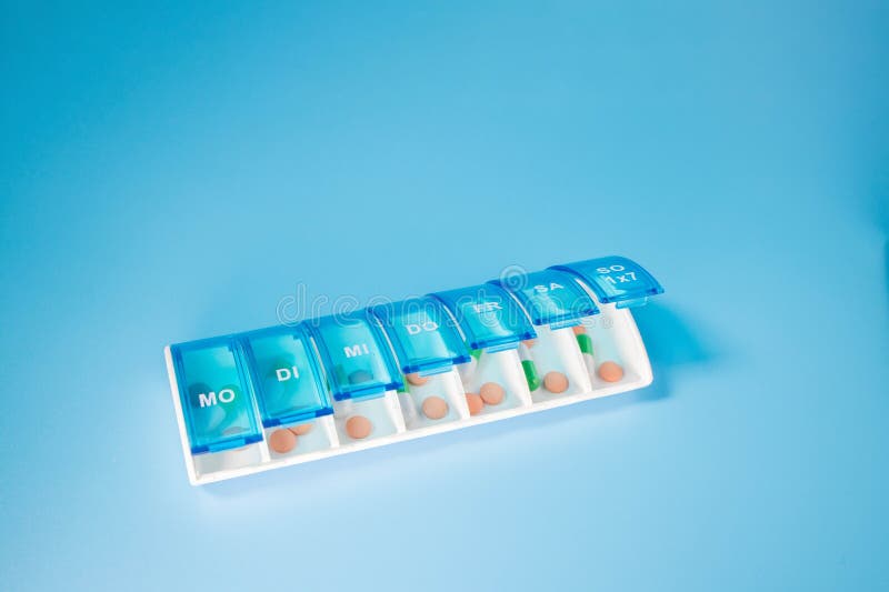 Plastic Container Various Pills Blue Background Planning Use Tablets ...