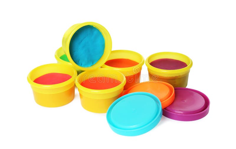 Plastic Containers with Colorful Play Dough on White Background Stock ...