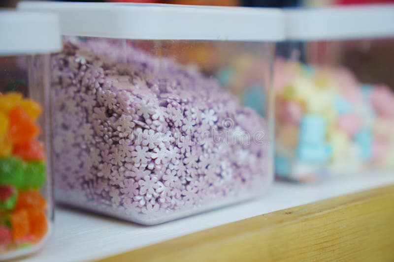 Plastic Containers with Confectionery Powders and Decor for Desserts ...