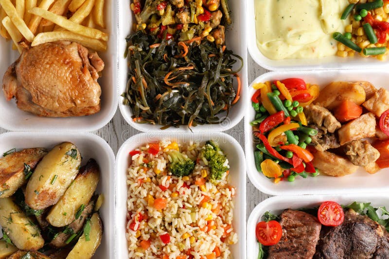 Plastic Containers with Delicious Food As Background. Delivery Service ...