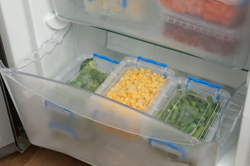 Plastic Containers with Different Frozen Vegetables in Refrigerator ...