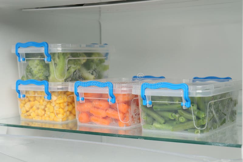 Plastic Containers with Different Frozen Vegetables in Refrigerator ...